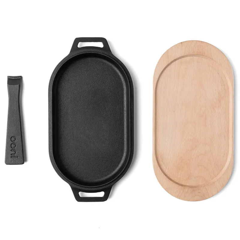 OONI Cast Iron Sizzler Pan with handle and wood base